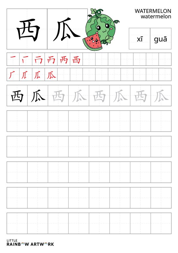 Learn to Write Watermelon - 西瓜 (Xīguā) in Mandarin - Little Rainbow Artwork