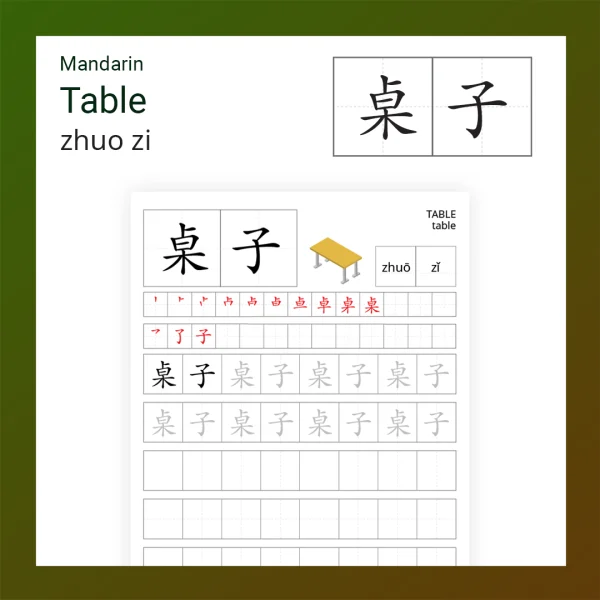 Learn to Write Table - 桌子 (zhuō zǐ) in Mandarin - Little Rainbow Artwork